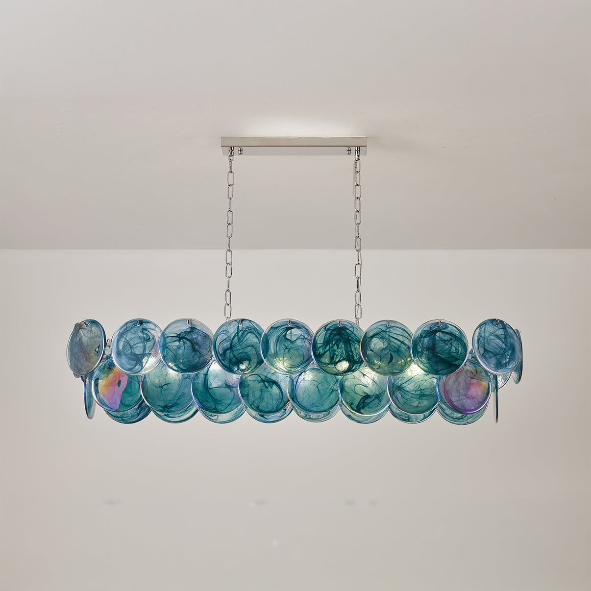 Two-tier rectangular Murano chandelier in space-age iridescent glass ...